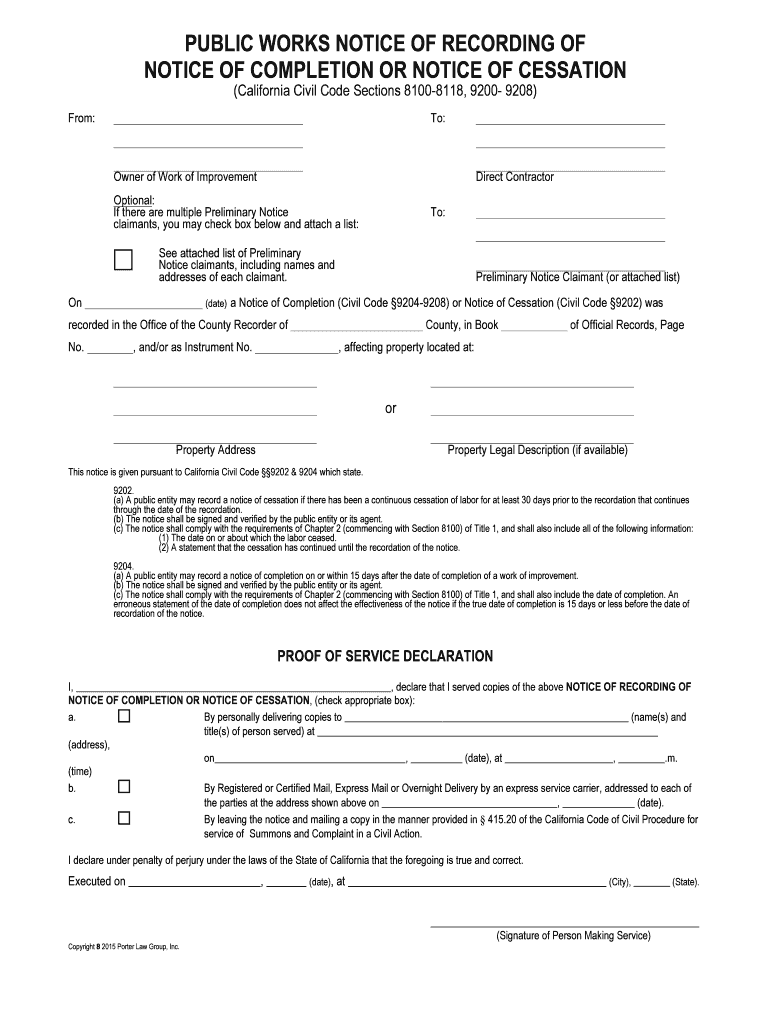 Fillable Online PUBLIC WORKS NOTICE OF RECORDING OF NOTICE OF ...