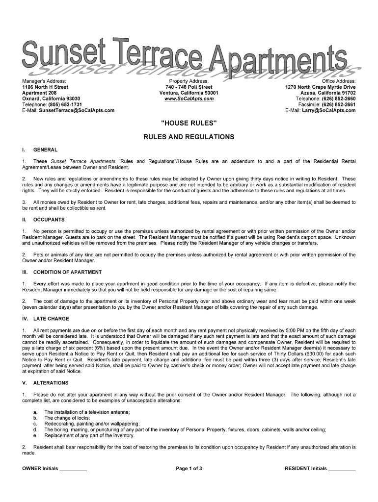 Fillable Online HOUSE RULES RULES AND REGULATIONS - socalaptscom Fax ...
