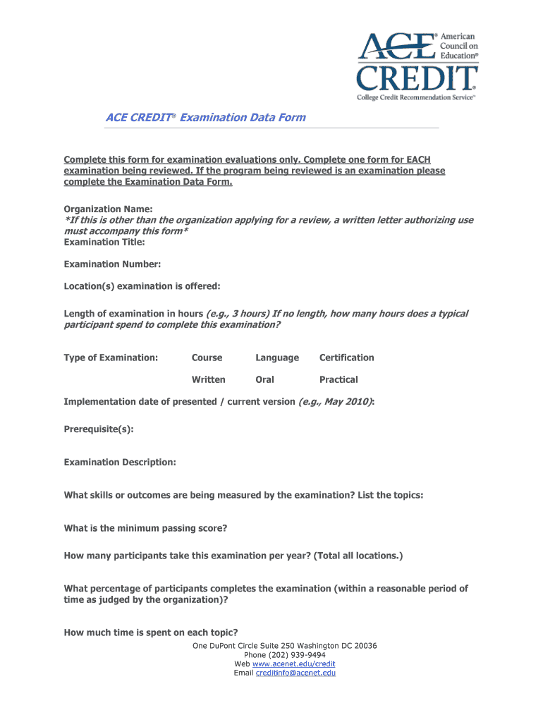 Fillable Online acenet ACE CREDIT Examination Data Form - American ...