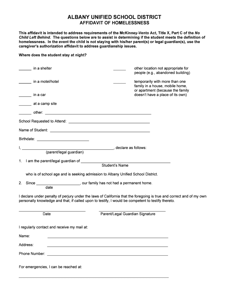 Fillable Online ausdk12 AFFIDAVIT OF HOMELESSNESS - Albany Unified ...