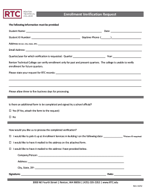 Fillable Online rtc Enrollment Verification Request - rtcedu Fax Email ...