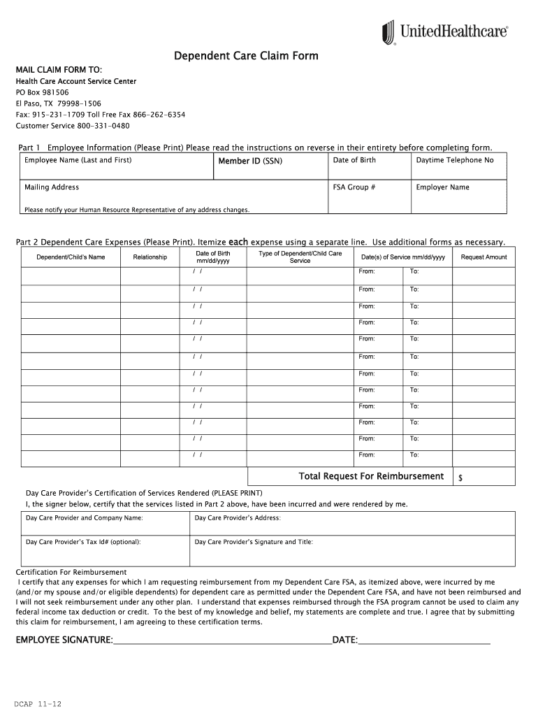 Fillable Online Dependent Care Claim Form - Seemybenefitsonlinecom Fax ...