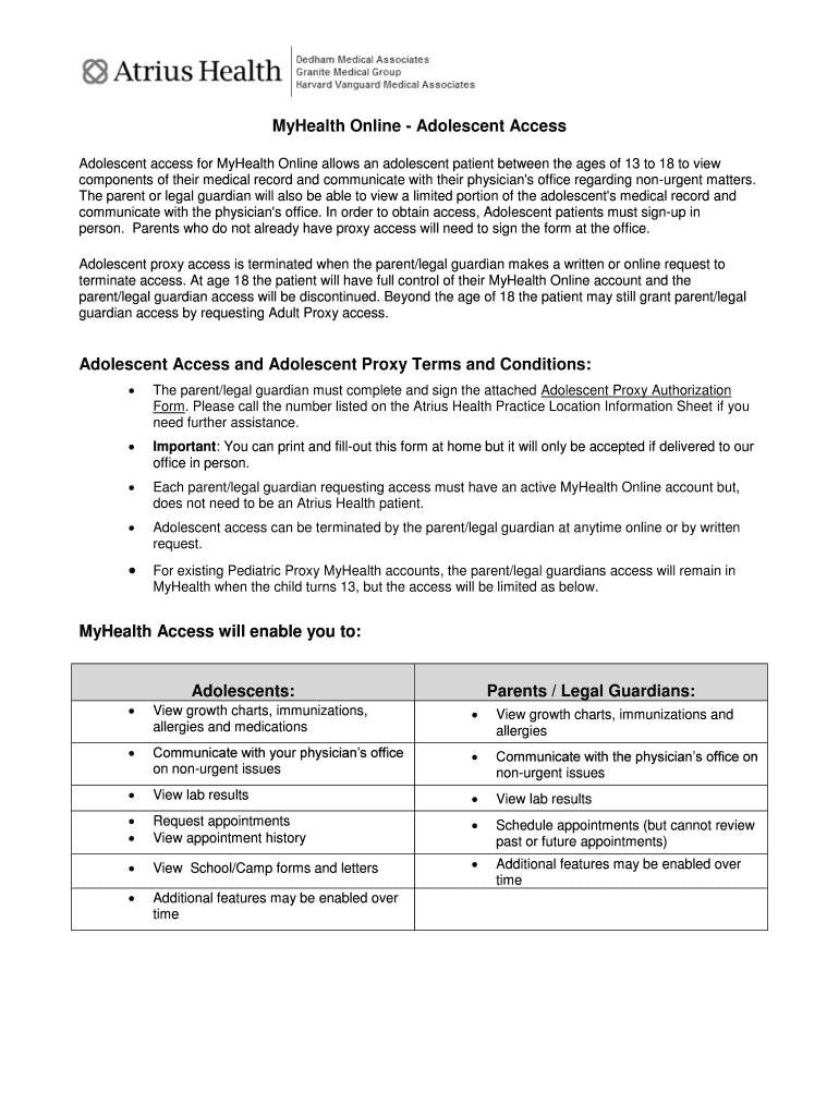 Fillable Online harvardvanguard MyHealth Online - Adolescent Access ...