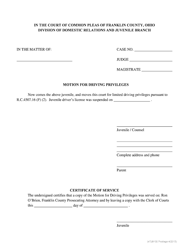 Fillable Online drj fccourts MOTION FOR DRIVING PRIVILEGES Fax Email ...