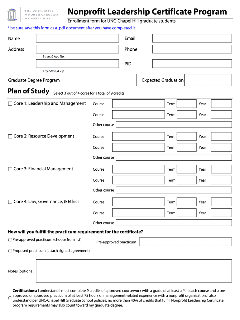 Fillable Online uncnonprofit web unc Enrollment form for UNCChapel Hill ...