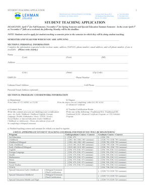Fillable Online lehman student teacher application revised 2015-March ...