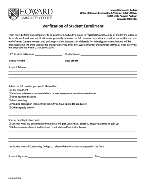 Fillable Online howardcc Verification of Student Enrollment Fax Email ...