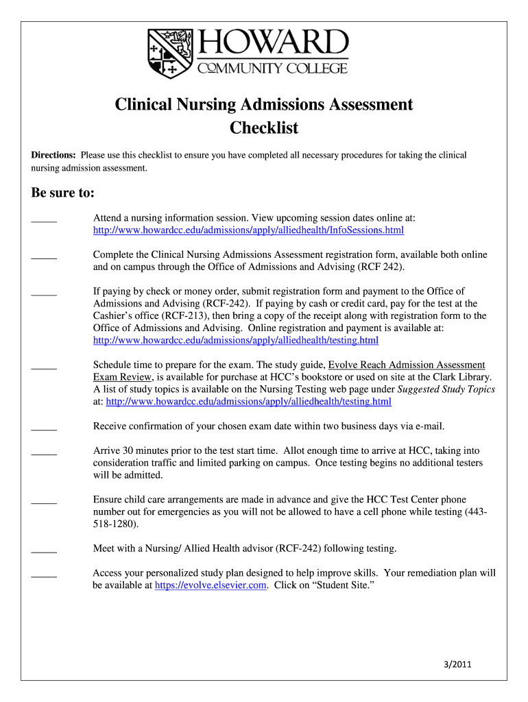 Fillable Online howardcc Clinical Nursing Admissions Assessment ...