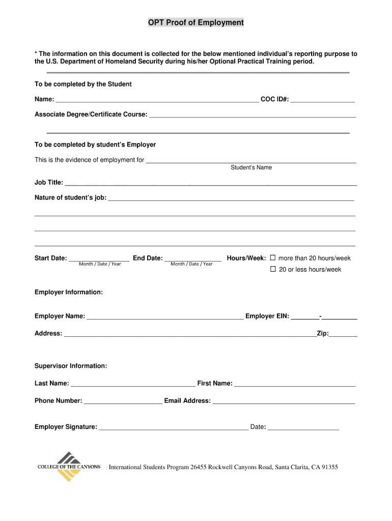 Fillable Online canyons OPT Proof of Employment - College of the ...