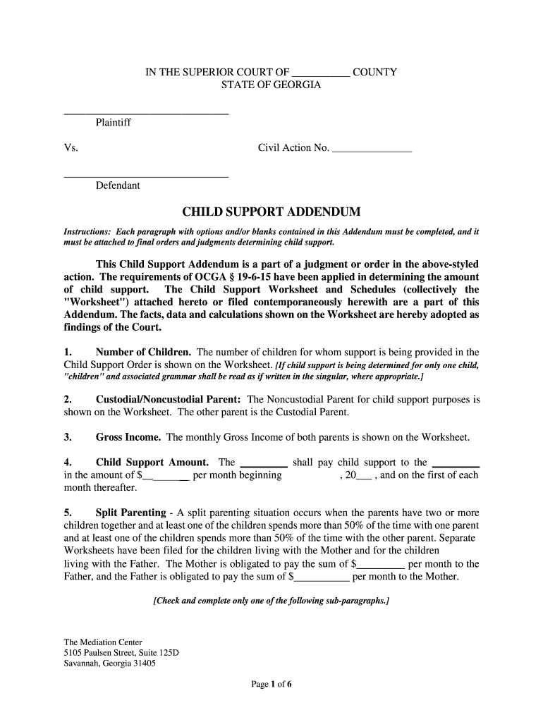 Fillable Online chathamcourts CHILD SUPPORT ADDENDUM ...