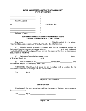Fillable Online chathamcourts MOTION FOR IMMEDIATE WRIT OF POSSESSION DUE TO Fax Email Print ...