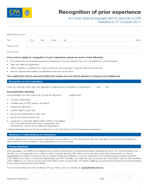 Fillable Online cpaaustralia com Recognition of prior experience - CPA ...