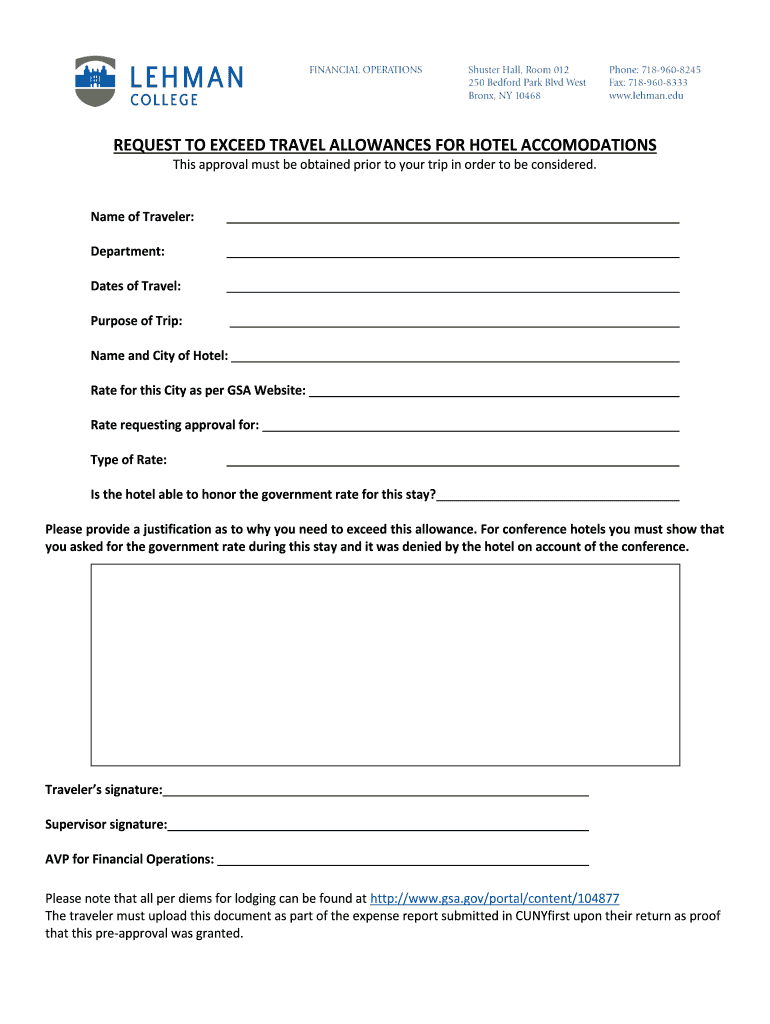 Fillable Online lehman REQUEST TO EXCEED TRAVEL ALLOWANCES FOR HOTEL ...