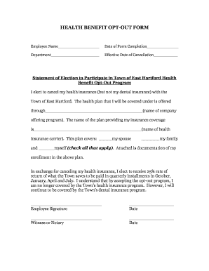 Fillable Online easthartfordct HEALTH BENEFIT OPT-OUT FORM - East ...