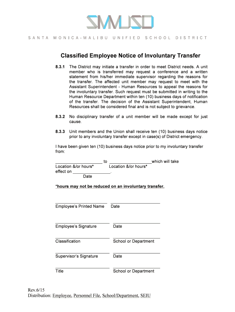 Fillable Online smmusd Classified Employee Notice of Involuntary Transfer - smmusd Fax Email ...