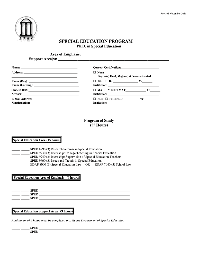 Fillable Online coe uga SPECIAL EDUCATION PROGRAM PhD in Special ...