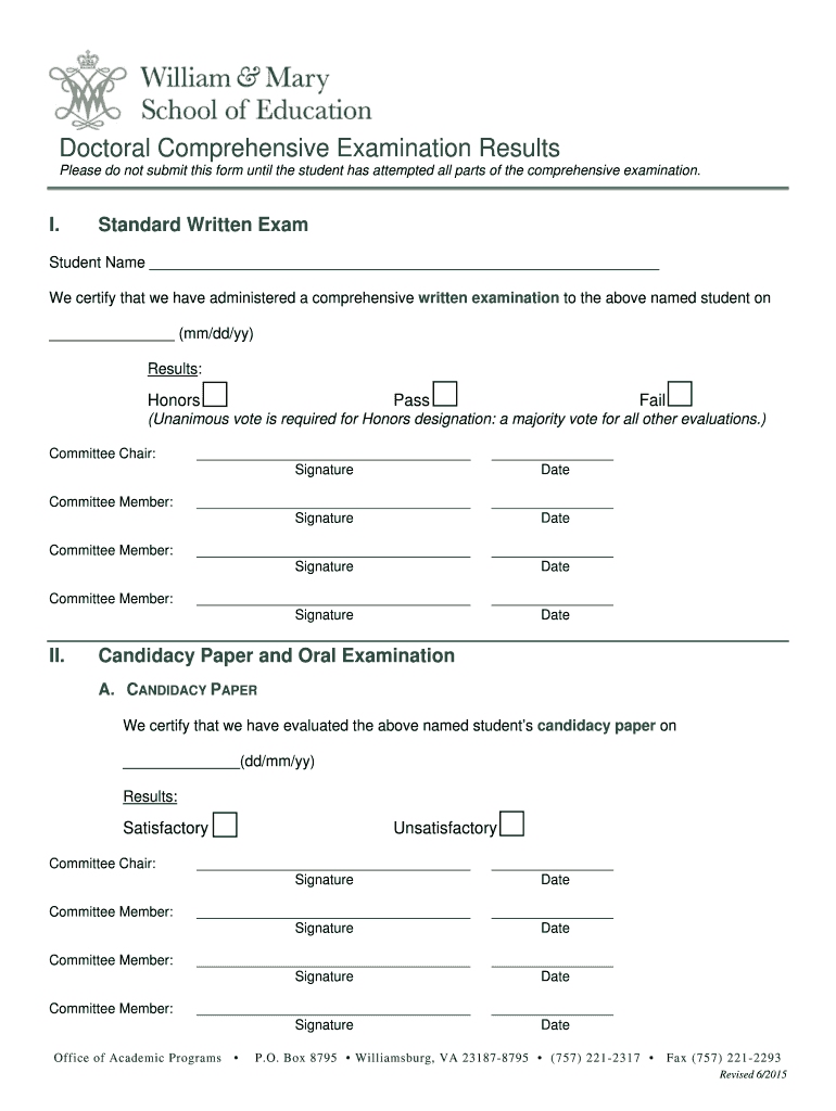 Fillable Online education wm Doctoral Comprehensive Examination Results ...