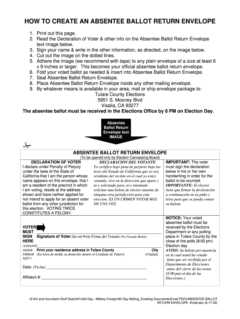 Fillable Online ABSENTEE BALLOT RETURN ENVELOPE - Tulare County Main Fax Email Print - pdfFiller