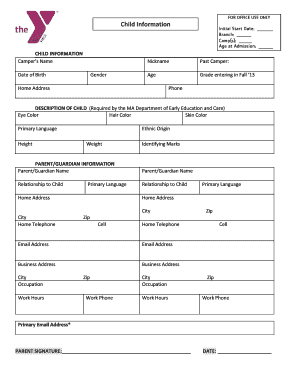 Fillable Online ymcaboston Camps Age at Admission CHILD INFORMATION ...
