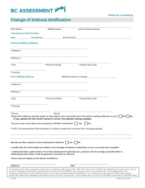 Fillable Online Change of Address Notification - BC Assessment Fax ...