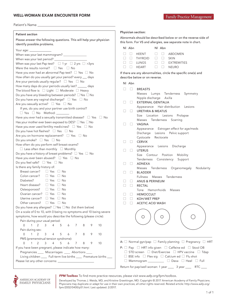 Well-Woman Exam Encounter Form - Blank Fillable Template | Fill Out ...