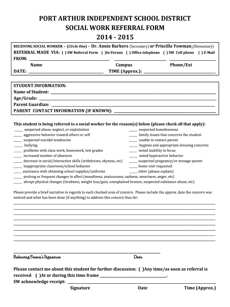 Fillable Online paisd RECEIVING SOCIAL WORKER (Circle One) Dr Fax Email Print - pdfFiller