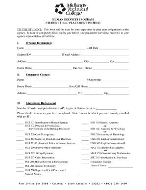 Fillable Online www4 midlandstech HUMAN SERVICES PROGRAM STUDENT FIELD ...