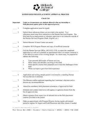 Fillable Online www4 midlandstech SUPERVISED FIELD PLACEMENT APPROVAL ...