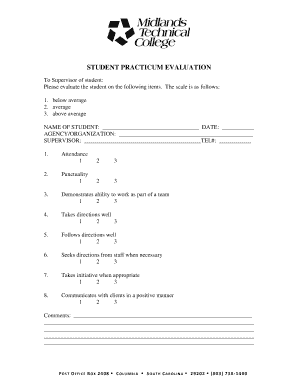 Fillable Online training midlandstech STUDENT PRACTICUM EVALUATION ...