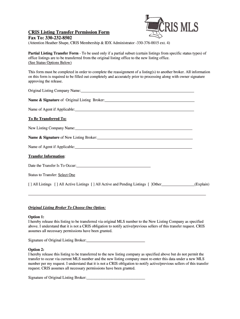Fillable Online CRIS Listing Transfer Permission Form Partial Listing ...