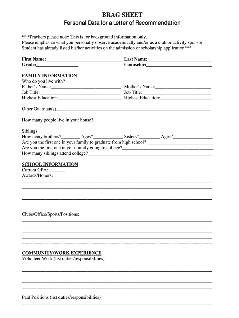 Brag Sheet Template Fill Online Printable Fillable Blank PdfFiller