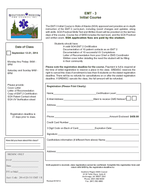 Fillable Online sremsc EMT - 3 Initial Course - Southern Region EMS ...