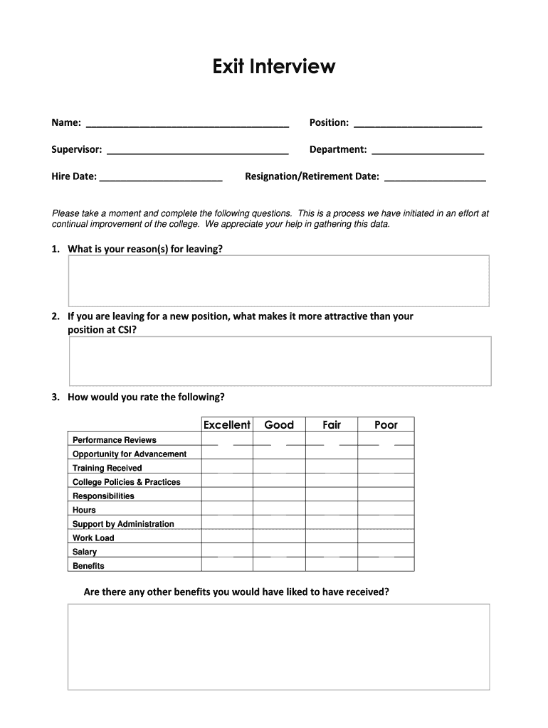Fillable Online hr csi Exit Interview - CSI Human Resources Fax Email ...