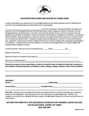 Fillable Online caspercollege VOLUNTEER DISCLAIMER AND WAIVER OF CLAIMS ...