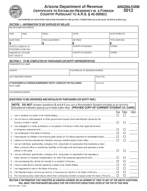 Fillable Online Arizona Form 5012. Certificate to Establish Residency ...