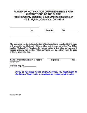 Fillable Online WAIVER OF NOTIFICATION OF FAILED SERVICE AND ...