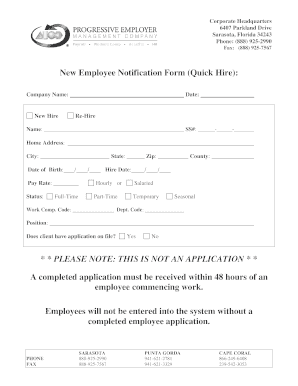 Fillable Online New Employee Notification Form Quick Hire - PEMCO Fax ...