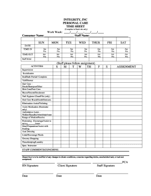 Fillable Online integrityinc INTEGRITY INC PERSONAL CARE TIME SHEET Fax ...