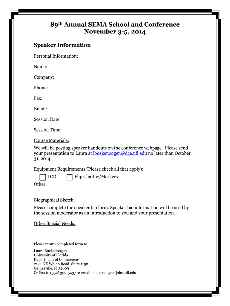 Fillable Online reg conferences dce ufl 82nd Annual SEMA School and ...