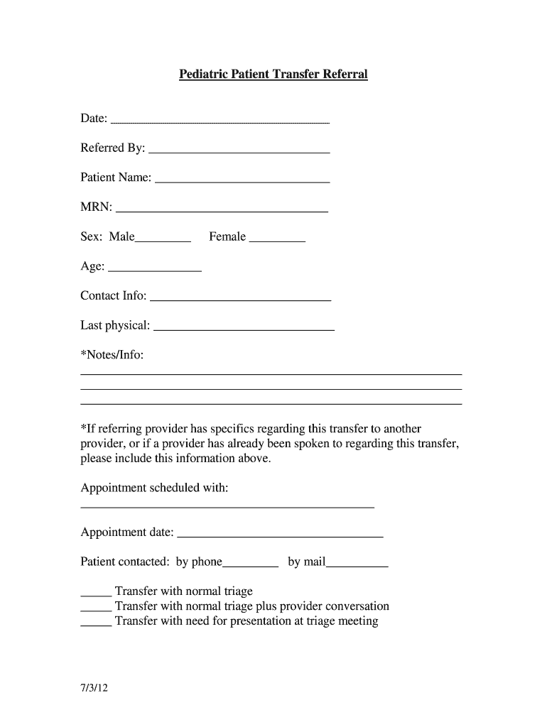 Fillable Online medicalhome nichq Pediatric Patient Transfer Referral ...