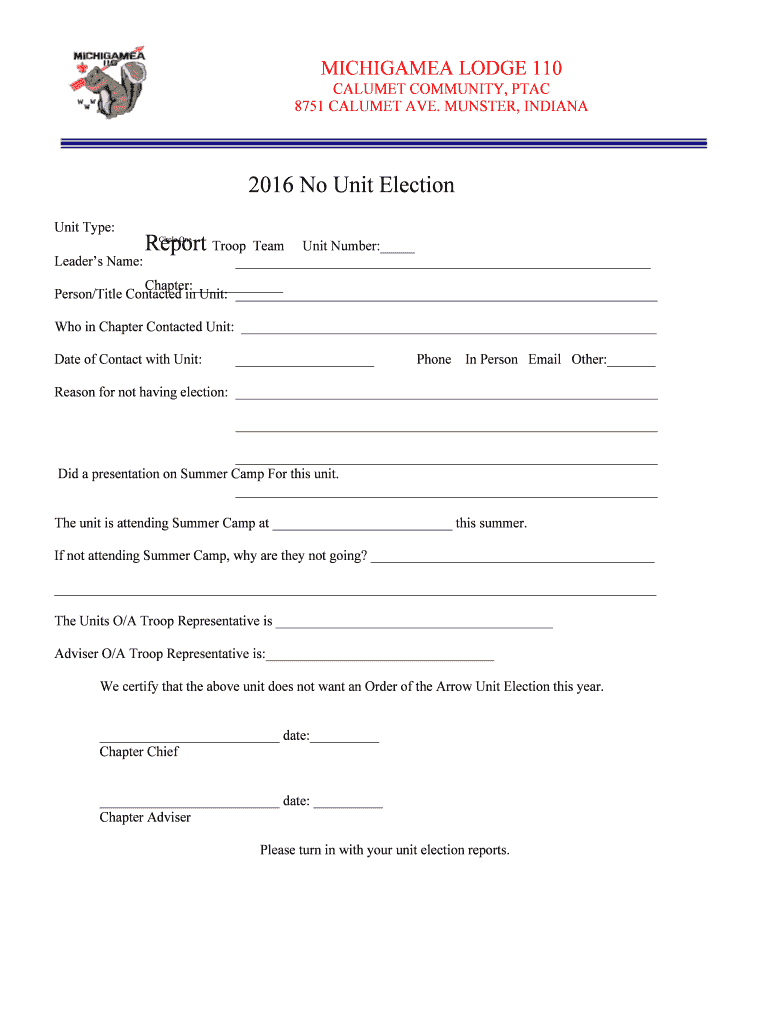 Fillable Online calumetcouncil 2016 No Unit Election Report ...