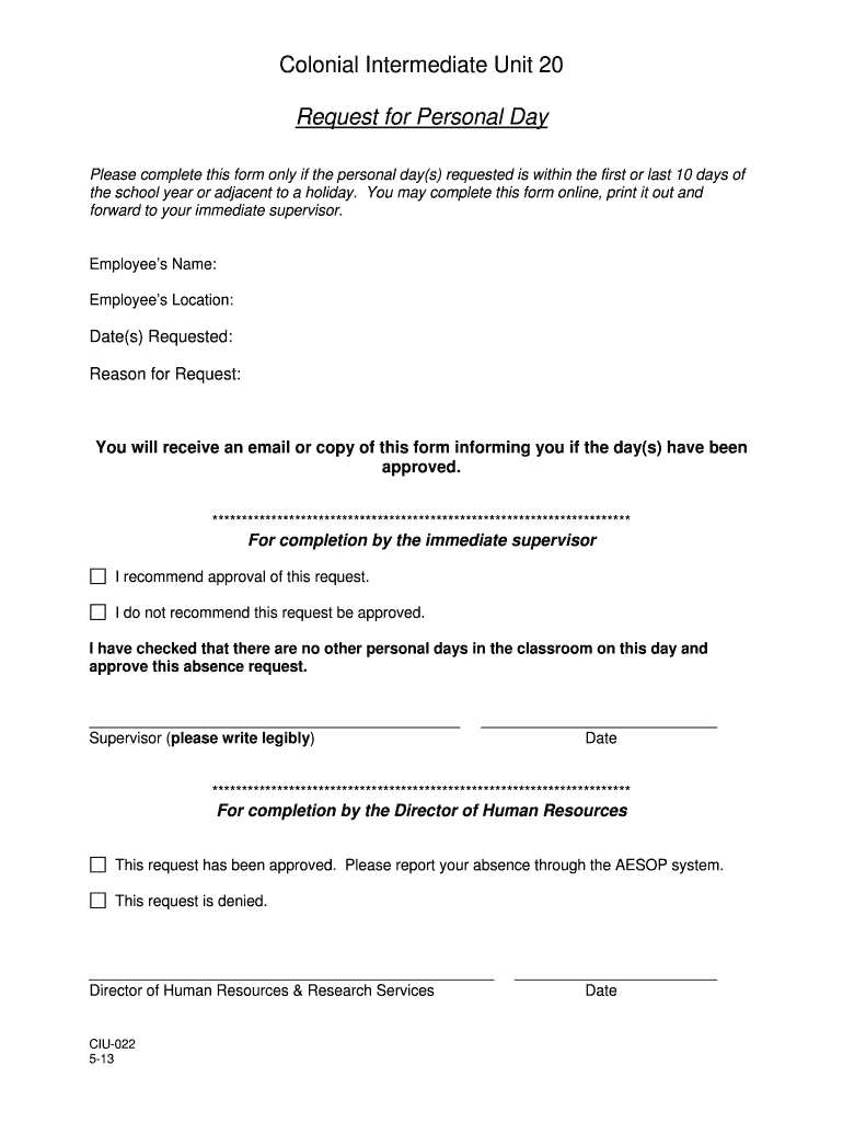 Fillable Online ciu20 Personal Day Request form 5-16-13 Fax Email Print - pdfFiller