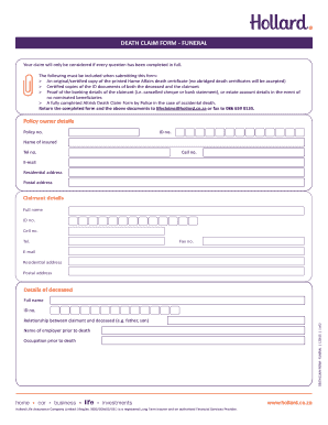Fillable Online DEATH CLAIM FORM - FUNERAL - Hollard Fax Email Print ...