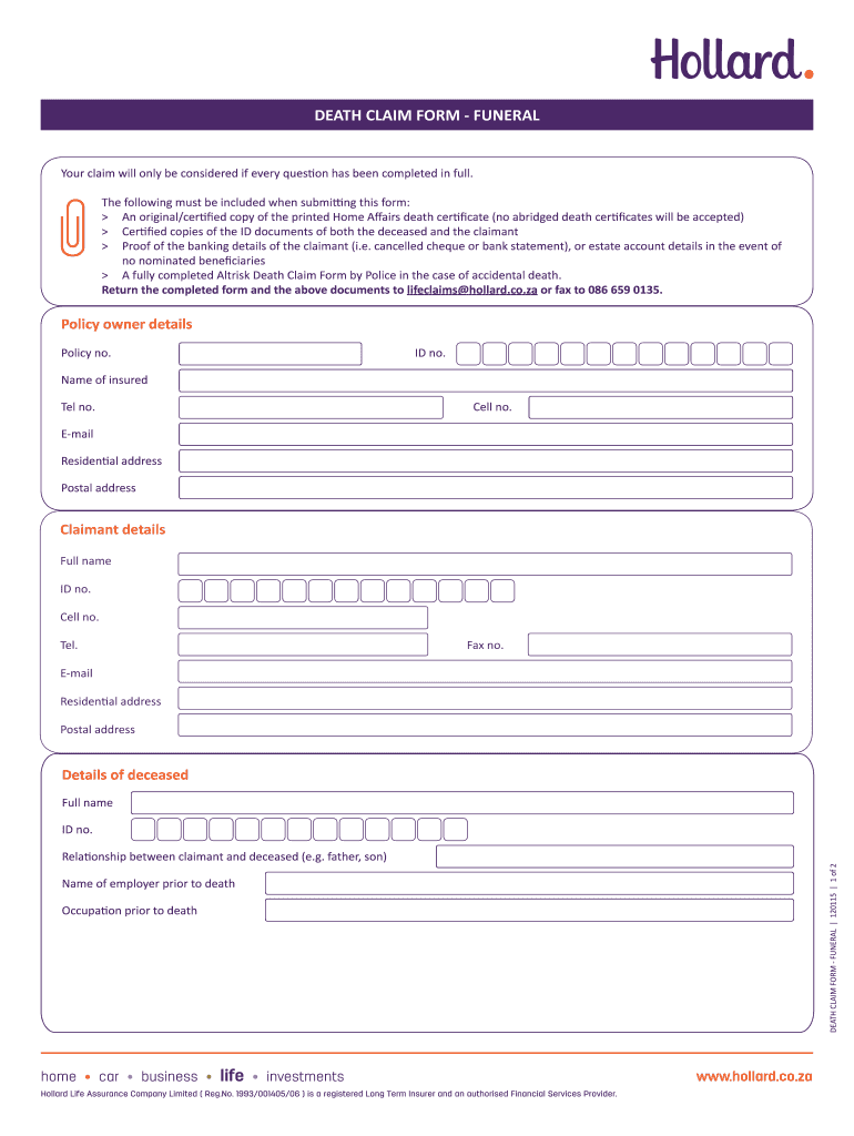 Fillable Online DEATH CLAIM FORM - FUNERAL - Hollard Fax Email Print ...