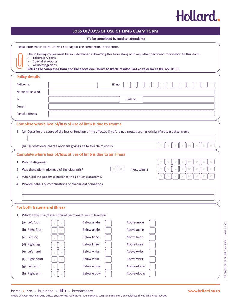 Fillable Online LOSS OFLOSS OF USE OF LIMB CLAIM FORM - Hollard Fax ...