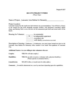 Fillable Online brethren 2011 BVS PROJECT FORM - Church of the Brethren ...