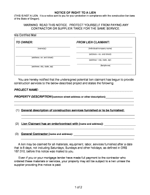 Fillable Online NOTICE OF RIGHT TO A LIEN THIS IS NOT A LIEN It is a ...