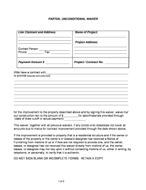Fillable Online PARTIAL UNCONDITIONAL WAIVER Lien Claimant and Address ...