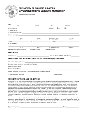 Fillable Online sts THE SOCIETY OF THORACIC SURGEONS APPLICATION FOR ...