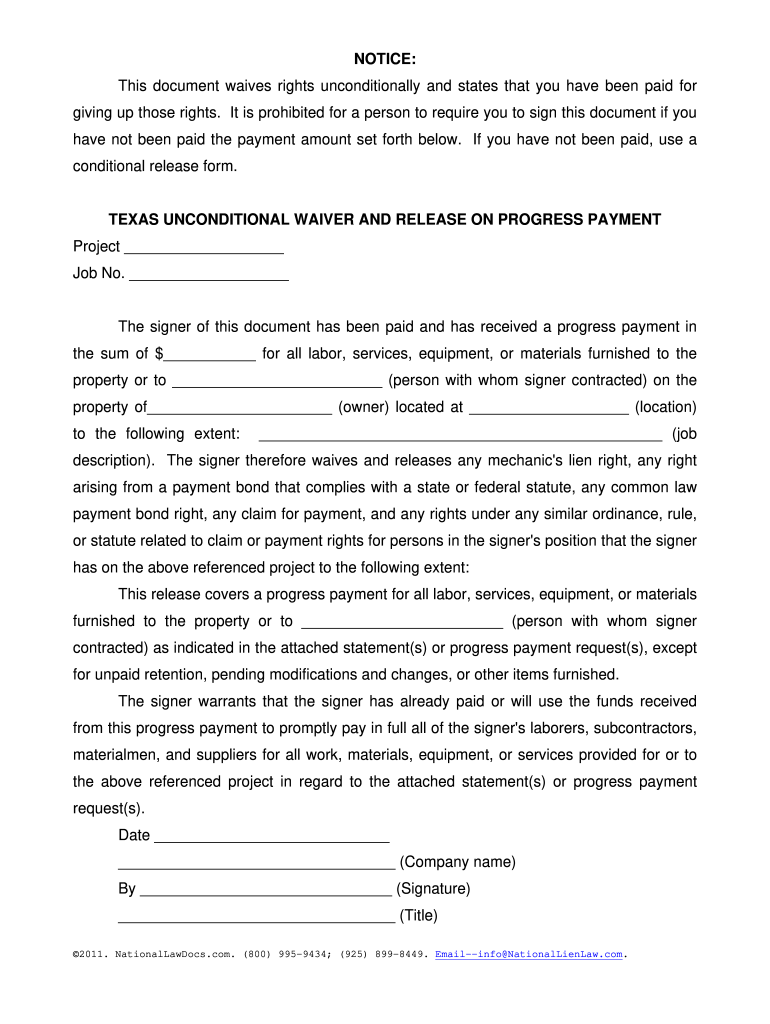 Printable Unconditional Lien Waiver Template